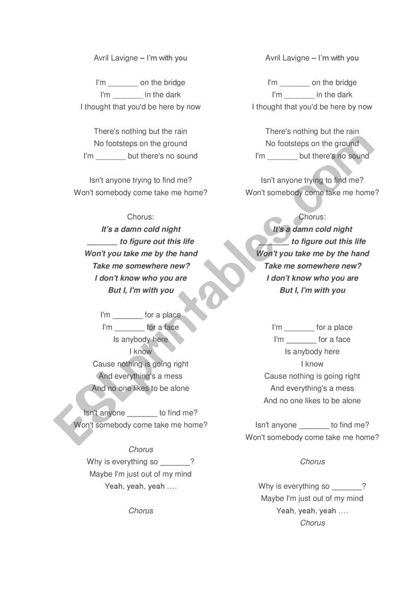 Avril Lavigne - I´m with you - ESL worksheet by natyyvidizz