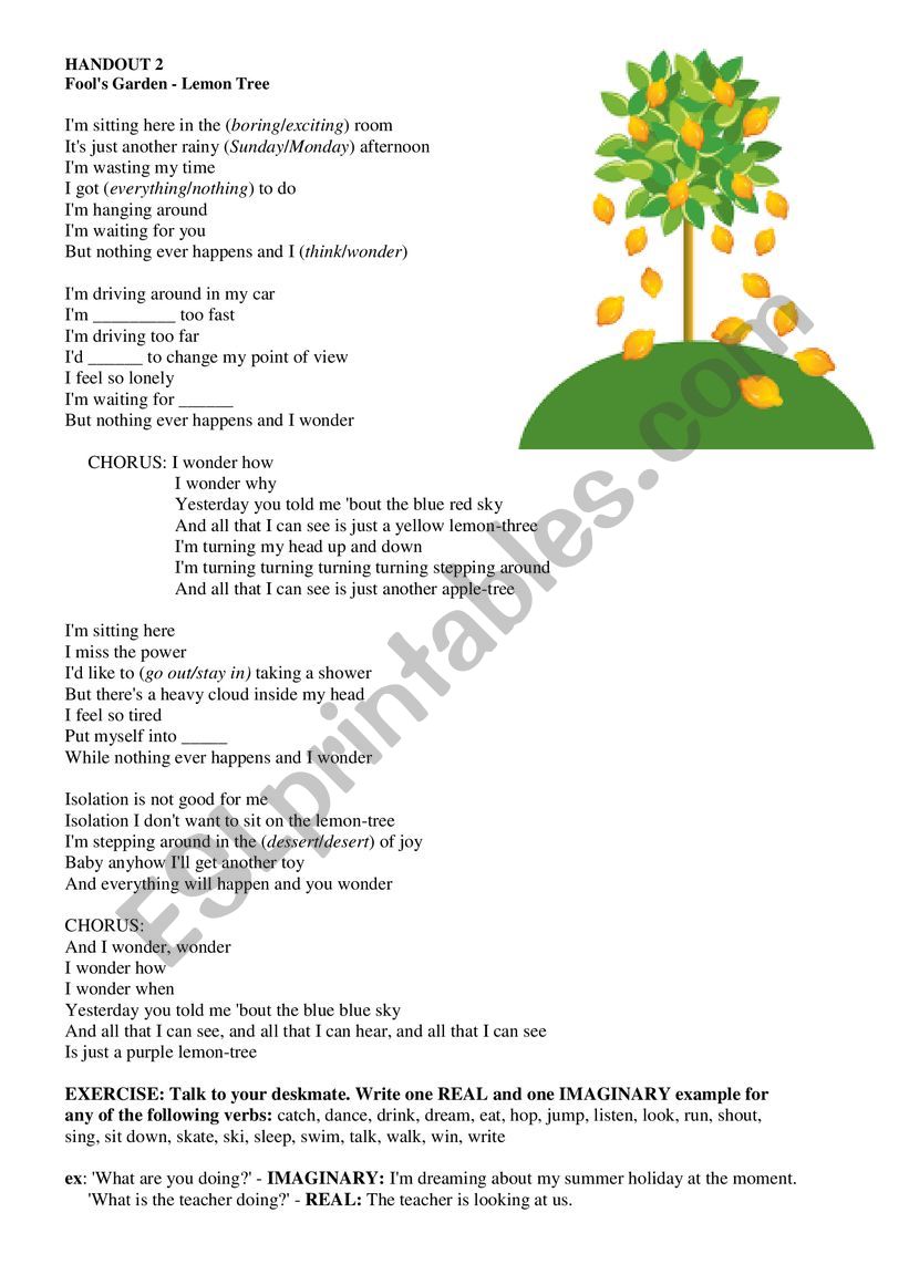 Lemon Tree - Fool´s Garden - ESL worksheet by LadyPumpkin