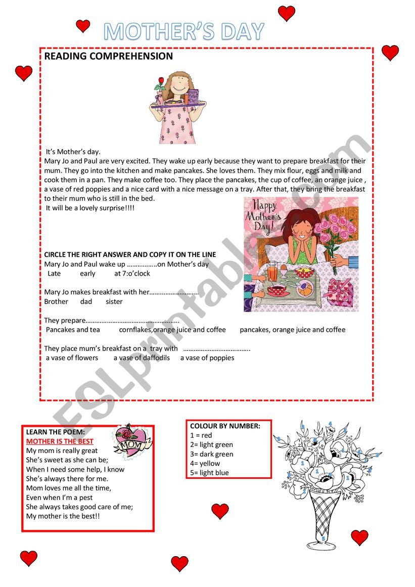 MOTHERÂ´S DAY READING COMPREHENSION - ESL worksheet by LIA THE TEACHER