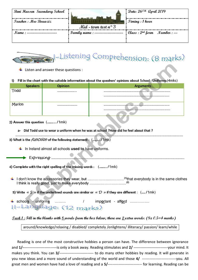Mid term test n°3 Second form - ESL worksheet by samibtissem Mid term test n°3 Second form - ESL worksheet by samibtissem