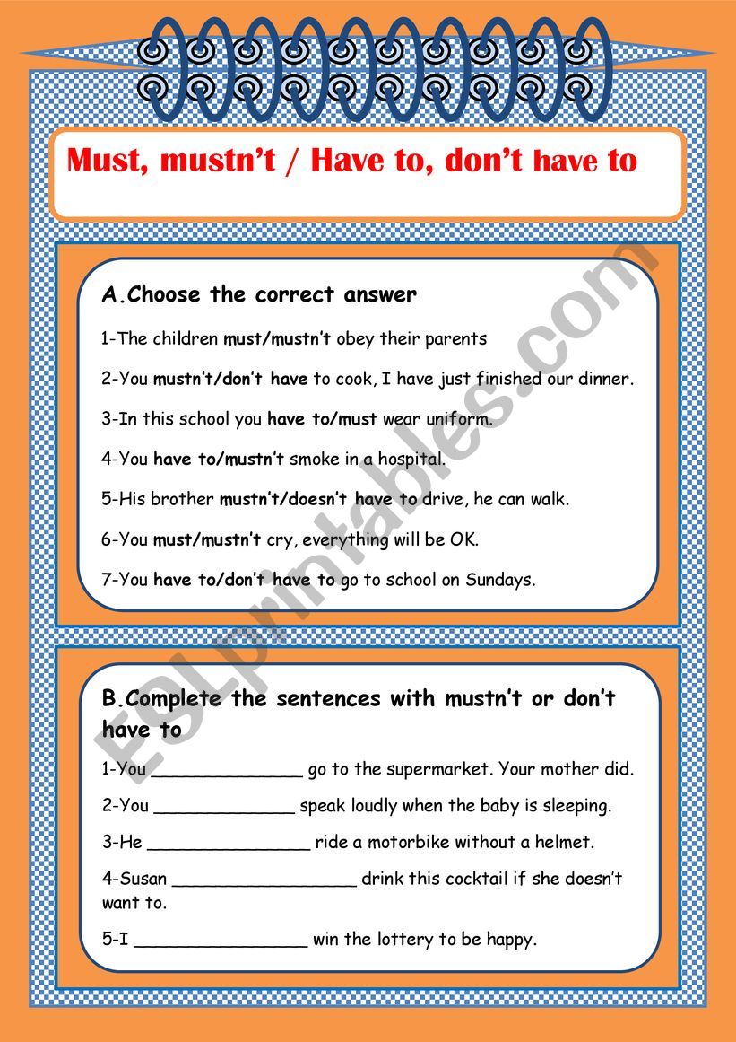 Must-mustn´t /Have to-don´t have to - ESL worksheet by carballada2