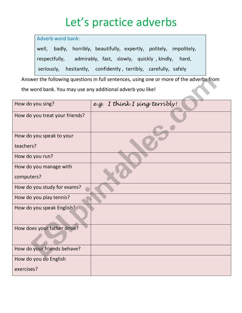 Let´s Practice Adverbs - ESL worksheet by johanne23232