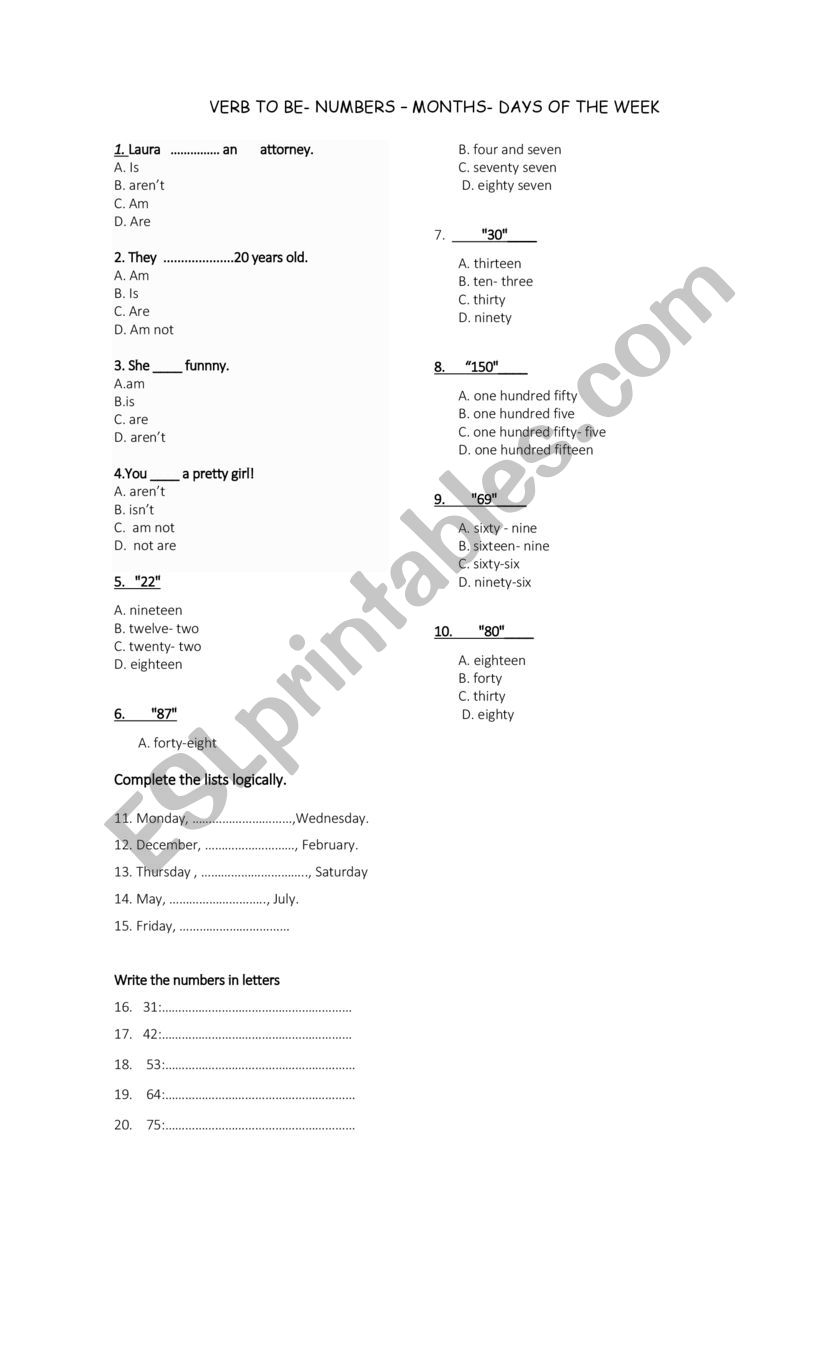VERB TO BE- NUMBERS – MONTHS- DAYS OF THE WEEK - ESL worksheet by sindylis