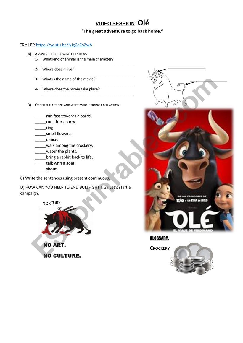 TRAILER OLÉ Movie - PRESENT CONTINUOUS - ESL worksheet by Vivian´s stuff
