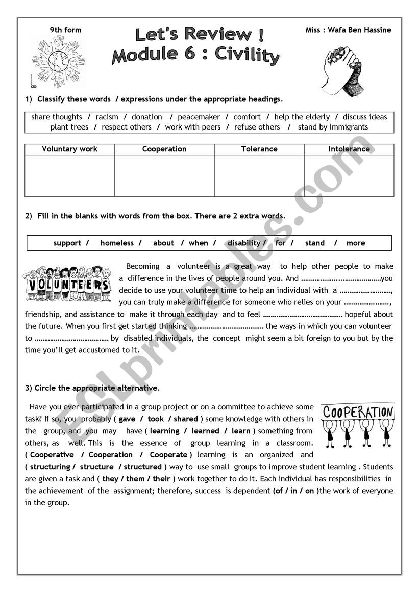 Let´s review: Module 6 : Civility (9th form) - ESL worksheet by wafouta