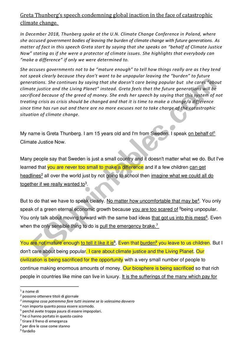 Greta Thunberg´s speech - ESL worksheet by rubillarosa