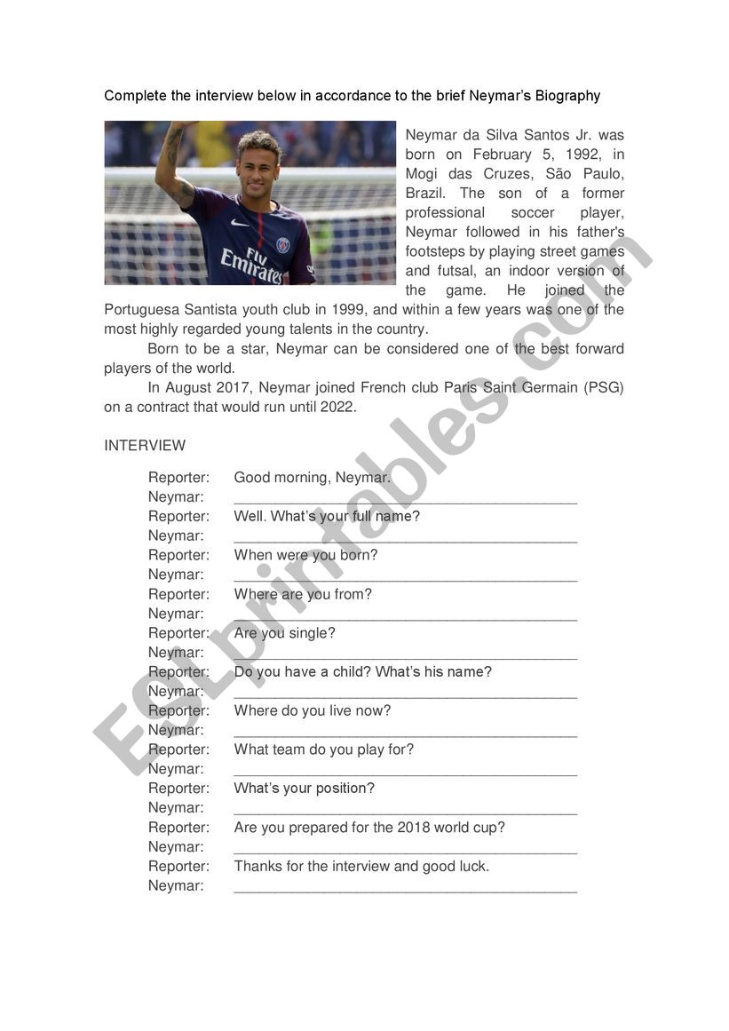 Neymar´s Biography - ESL worksheet by lucimar1971