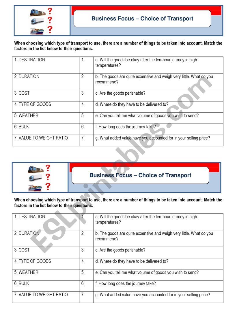 LOGISTICS - Business Focus – Choice of Transport - ESL worksheet by ...