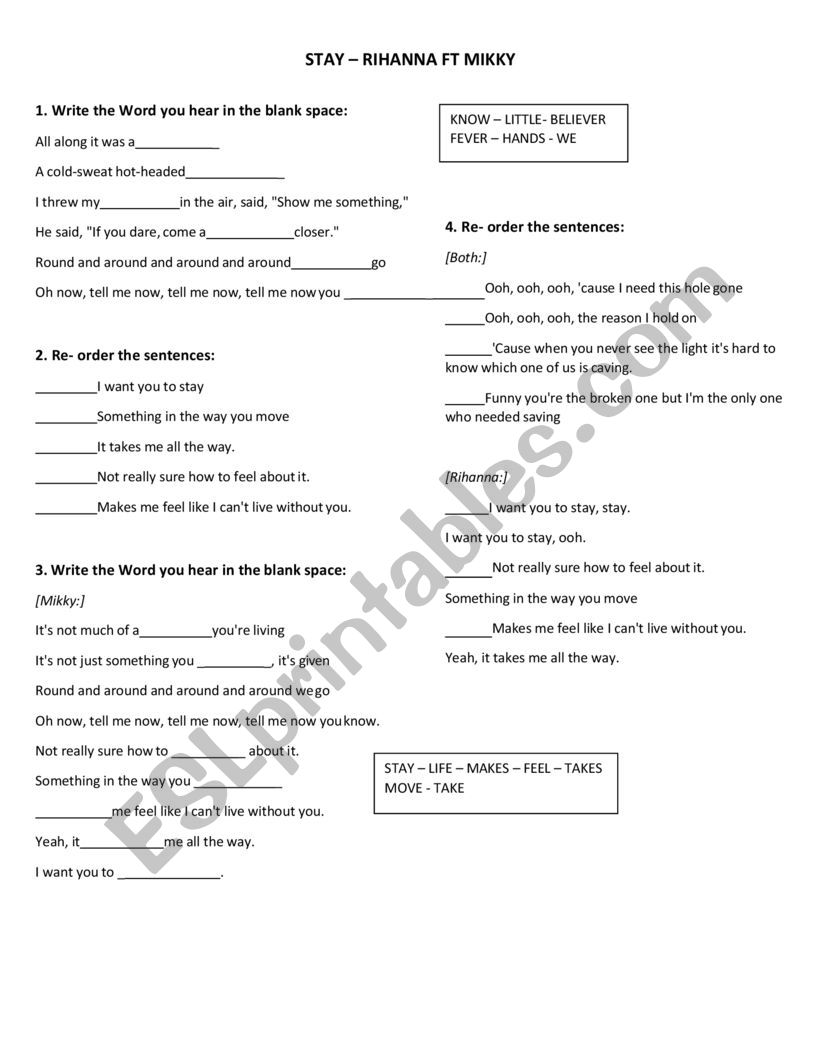 Listening activity song: Stay-Rihanna - ESL worksheet by sofialambert
