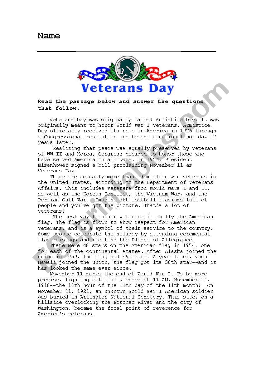 VeteranÂ´s Day Packet - Reading - Webquest - ESL worksheet by I