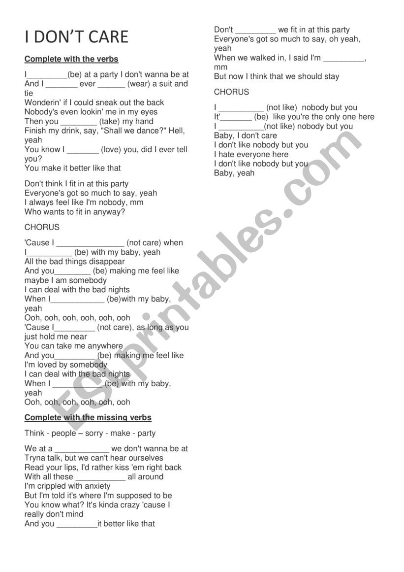I don´t care - ESL worksheet by Paula Olmos