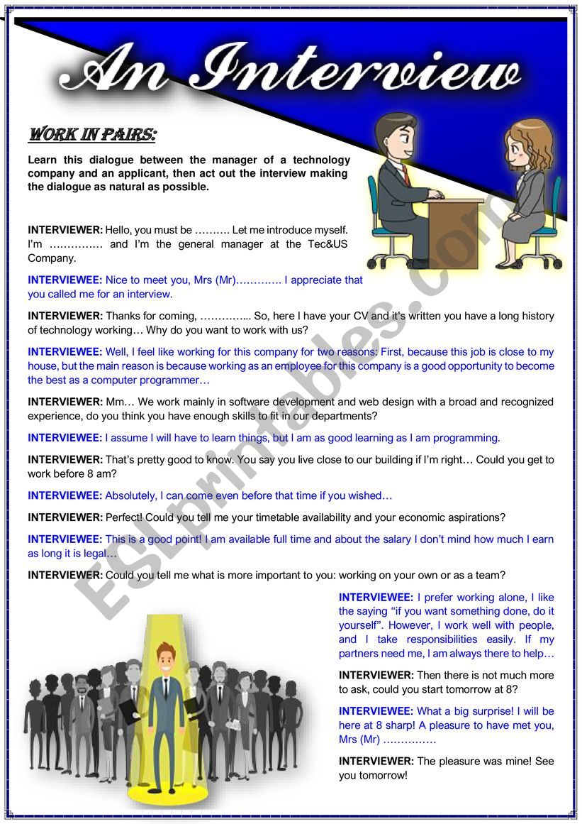  A JOB INTERVIEW ROLE PLAYING ESL Worksheet By Aisha77