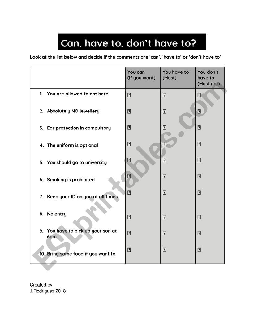 Can, Have to or don´t have to? - ESL worksheet by TeacherJessie912