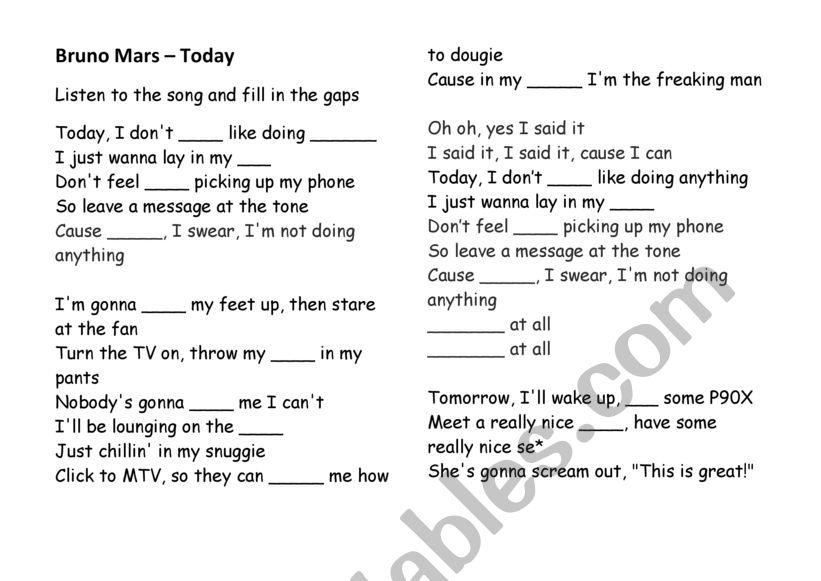 Bruno Mars - Today (listening task) - ESL worksheet by Jin@