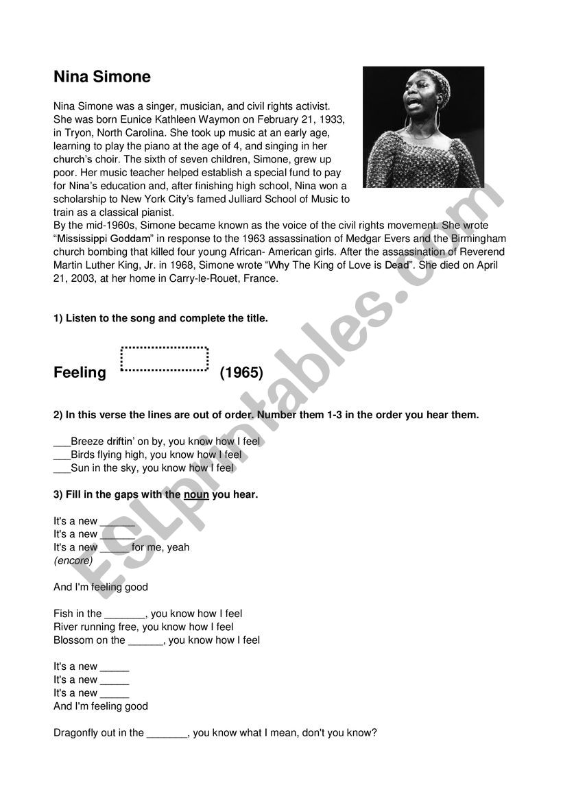 Feelin´ Good Nina Simone - ESL worksheet by Skamillet