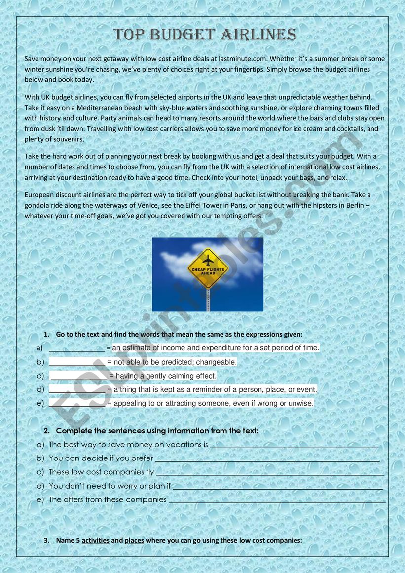 Top budget airlines - ESL worksheet by kadomingos Top budget airlines - ESL worksheet by kadomingos