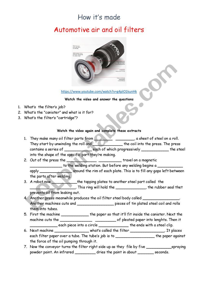 how it´s made AUTOMOTIVE FILTERS - ESL worksheet by anche