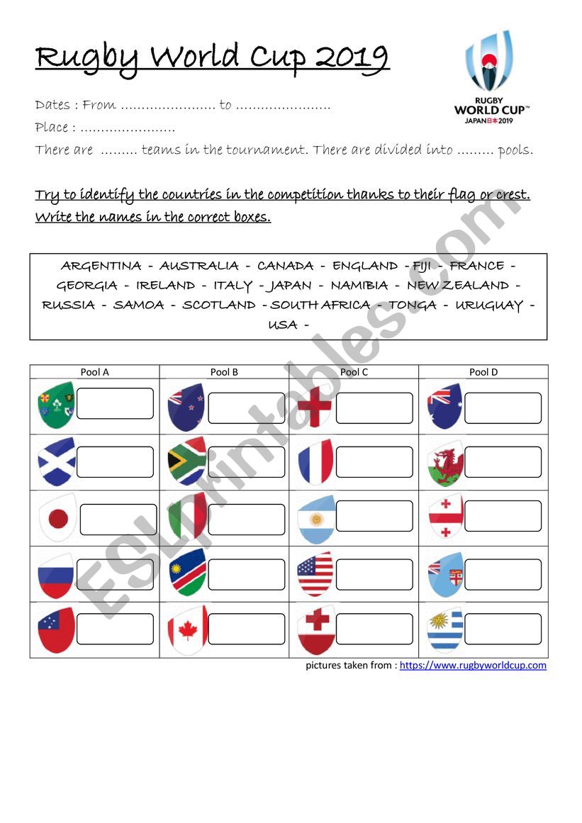 RWC 2019 : Teams´ crests and flags - ESL worksheet by casabanglais