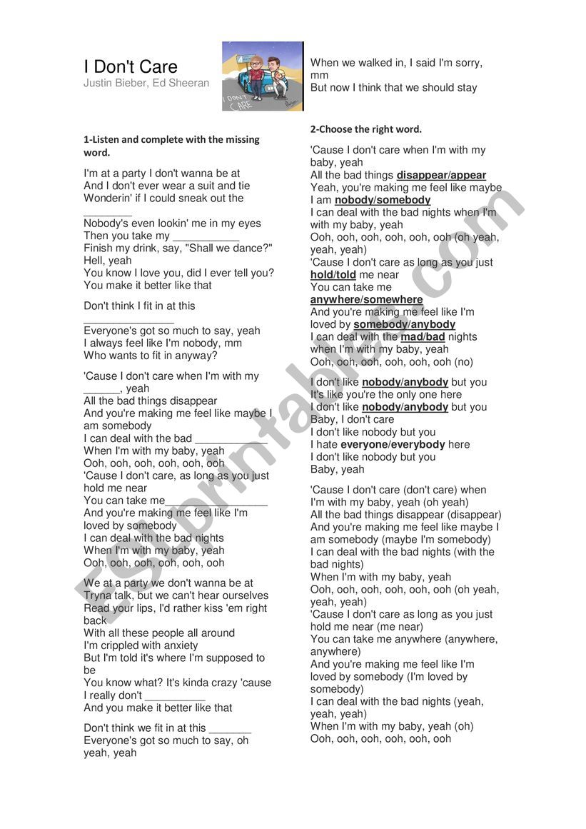 I don´t care - ESL worksheet by mary-butterfly
