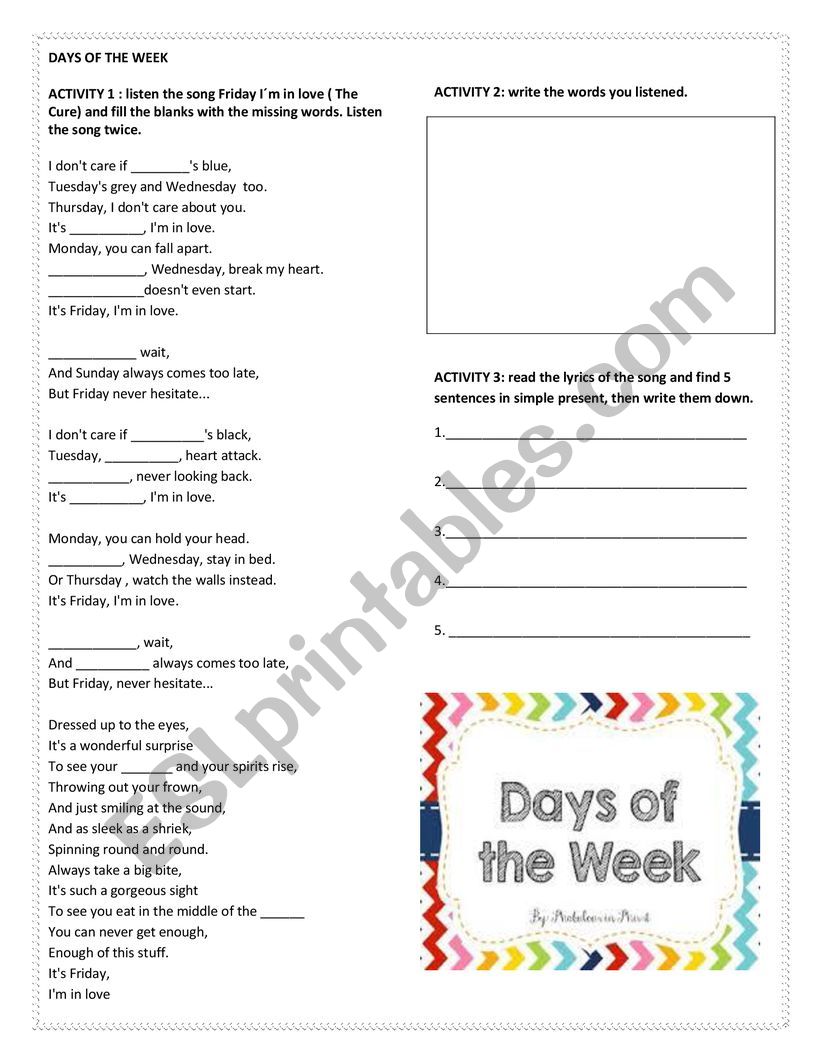 DAYS OF THE WEEK / SIMPLE PRESENT - ESL worksheet by sandra1985