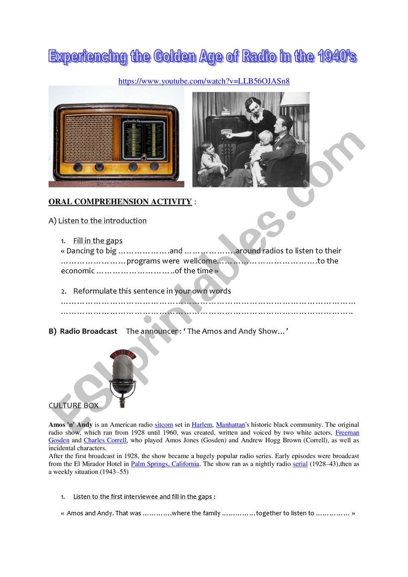 Experiencing the Golden Age of Radio in the 1940´s - ESL worksheet by ...
