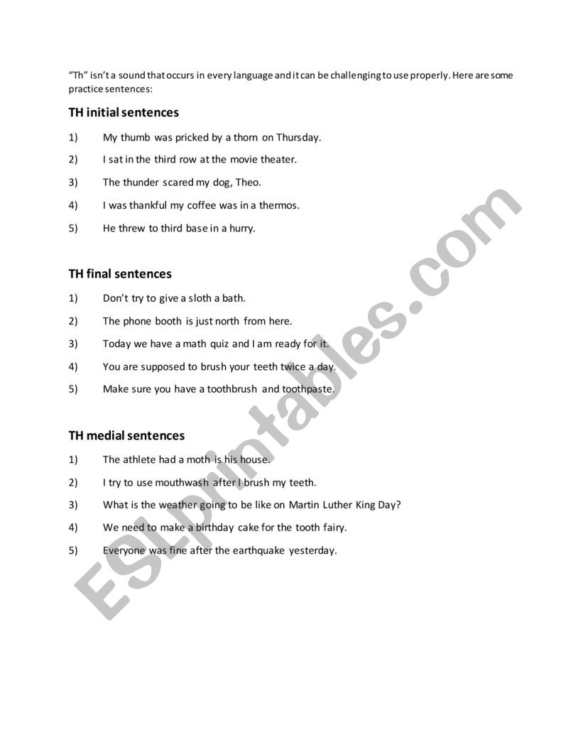 ´th" sounds in sentences - ESL worksheet by audieleah