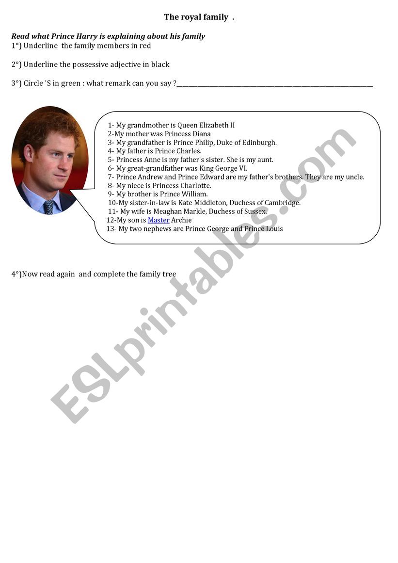 Prince Harry´s family - ESL worksheet by lilou12