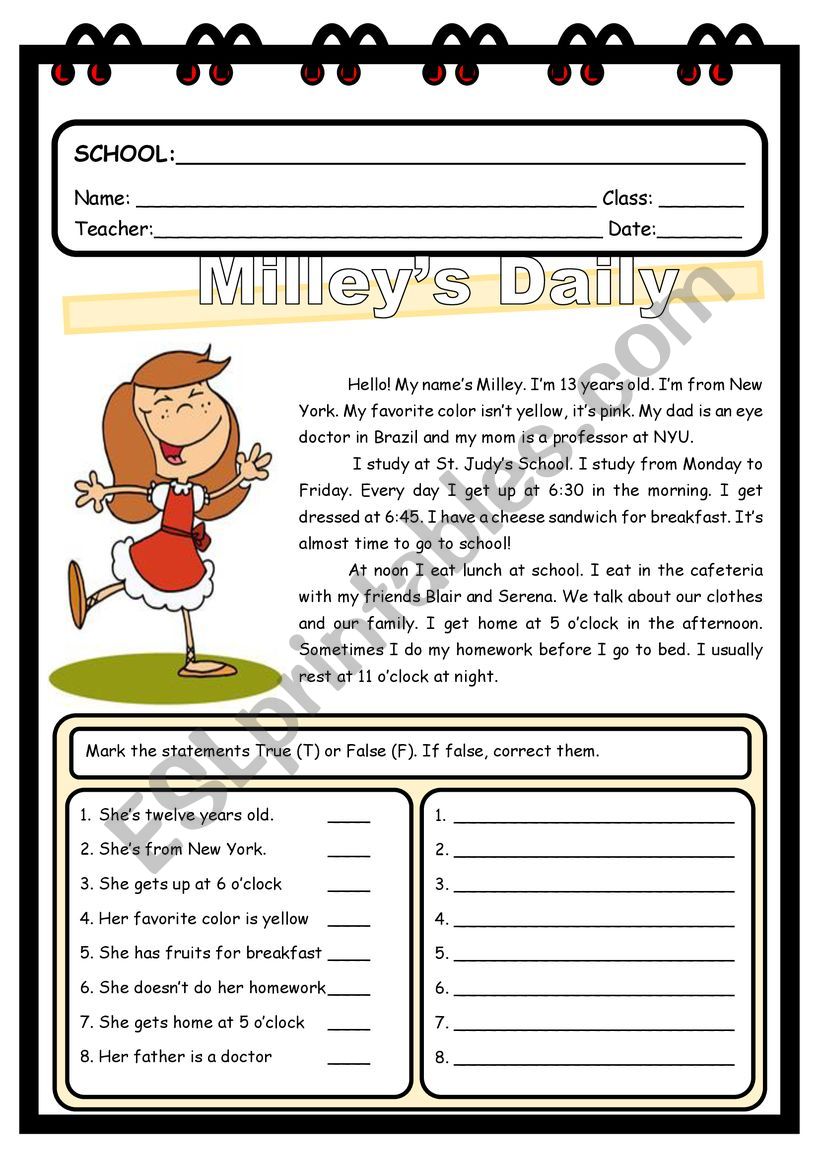 READING COMPREHENSION - MILLEY´S DAILY ROUTINE - ESL worksheet by TalyssonPereira