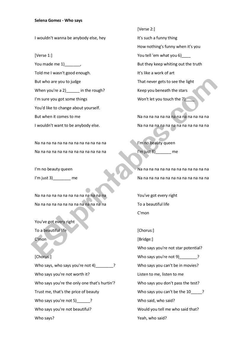 Song worksheet - Selena Gomez ´Who Says´ - ESL worksheet by shakhnoza25
