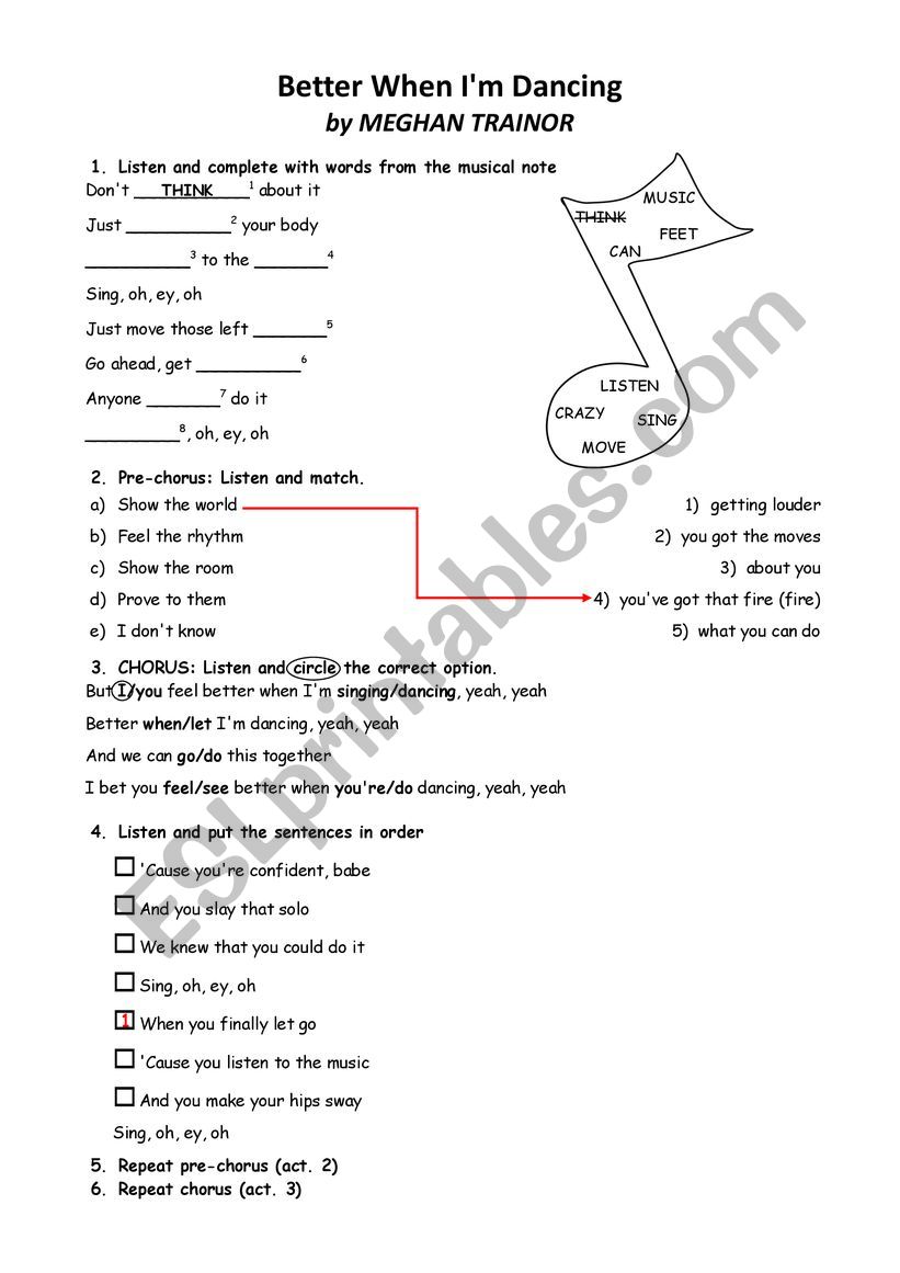 Song: Better When I´m Dancing - ESL worksheet by Cyn24
