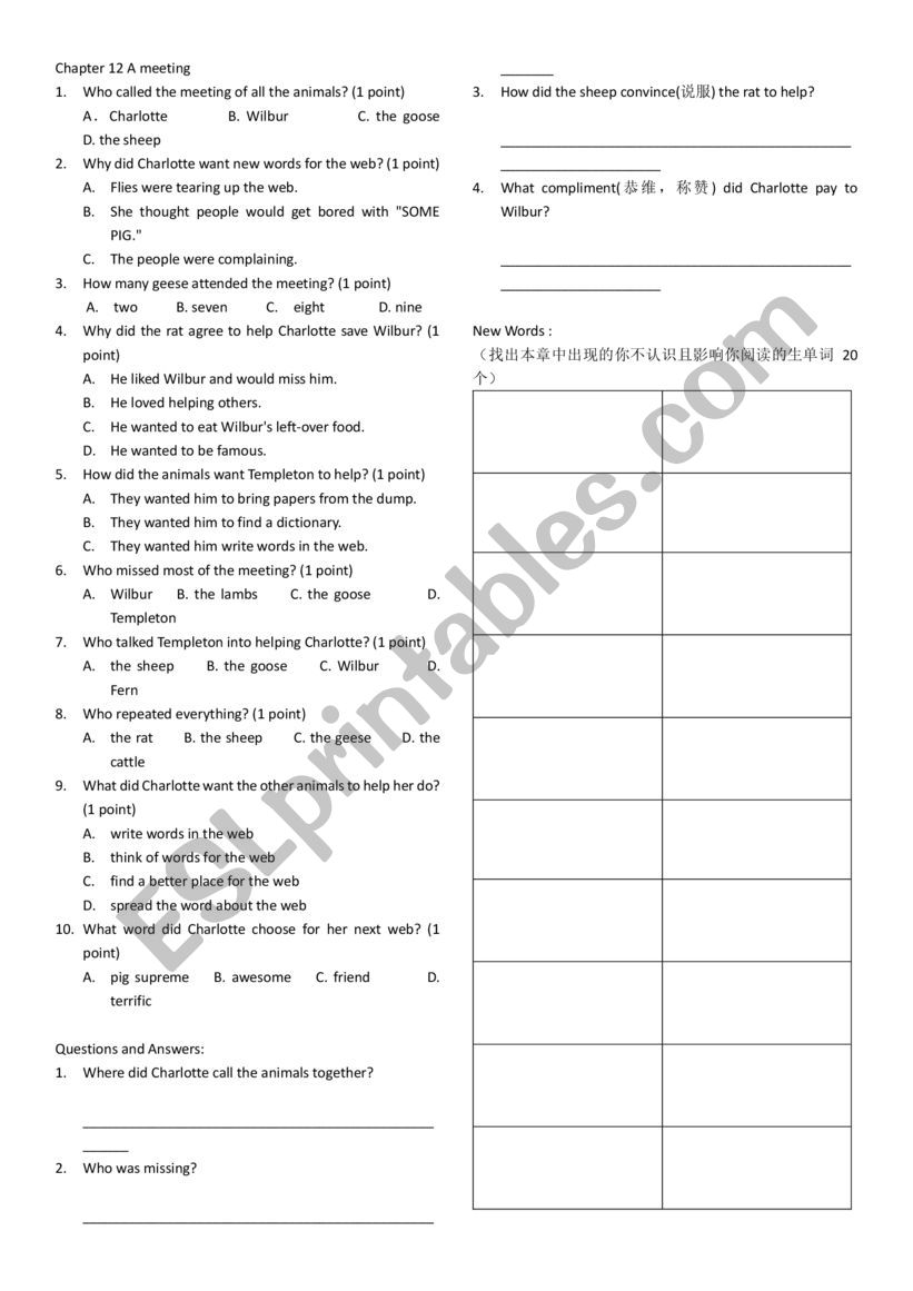 quiz for Charlotte´s web - ESL worksheet by evayanjun