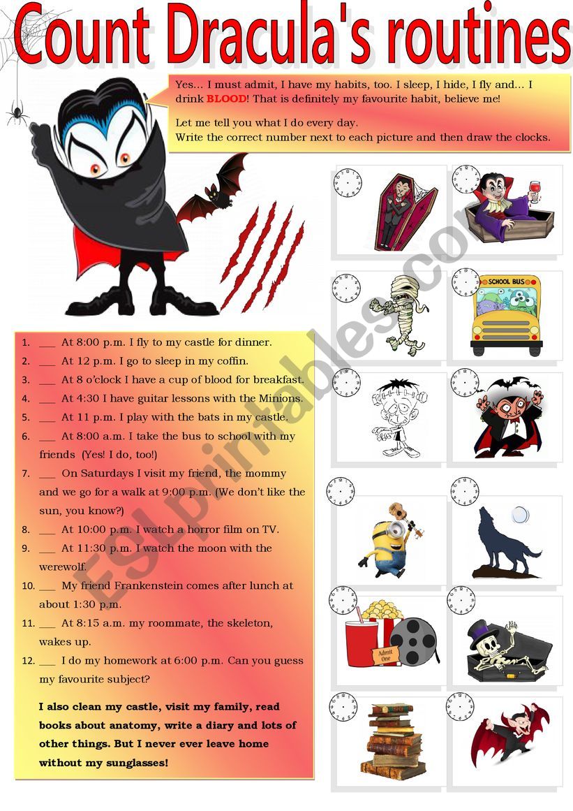 COUNT DRACULA´S ROUTINES - ESL worksheet by pilarmham