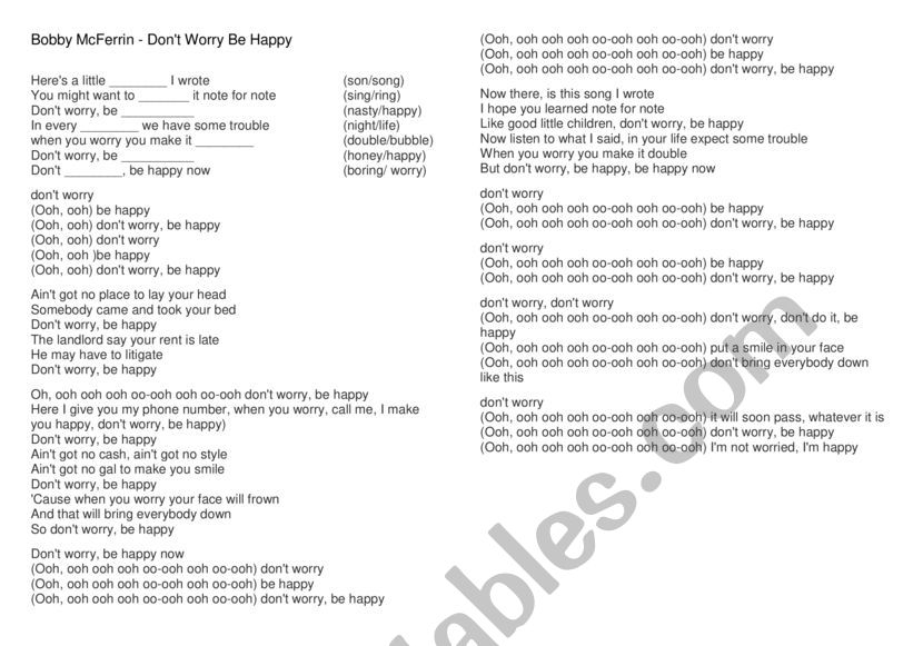 DonÂ´t worry be happy - ESL worksheet by sofiacs
