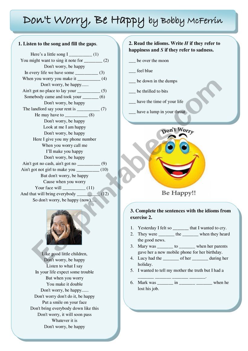 Don´t Worry Be Happy song - ESL worksheet by slou75