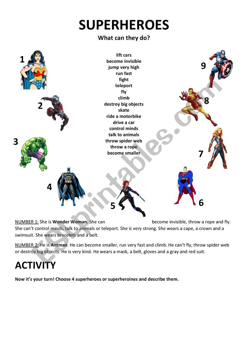 SUPERHEROES CAN/CAN´T - ESL worksheet by valenstefani
