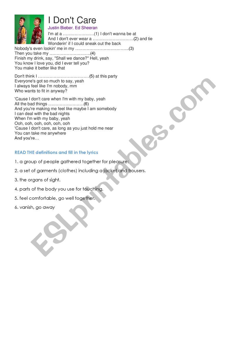 I don`t care - ESL worksheet by danimar