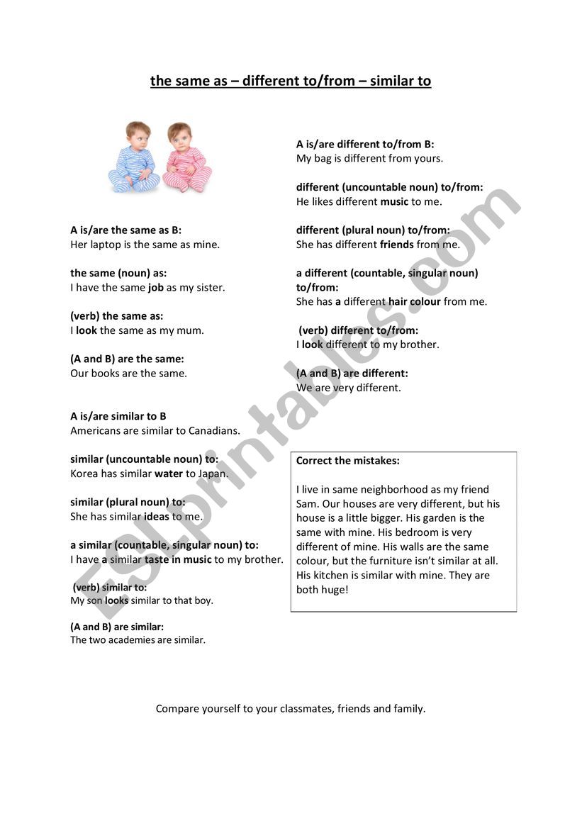 the same as – different to/from – similar to - ESL worksheet by hreeve