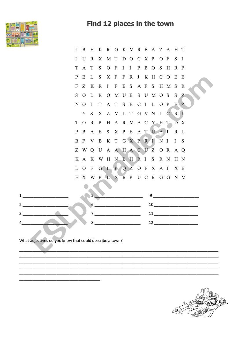 Places in the town wordsearch - ESL worksheet by herbol