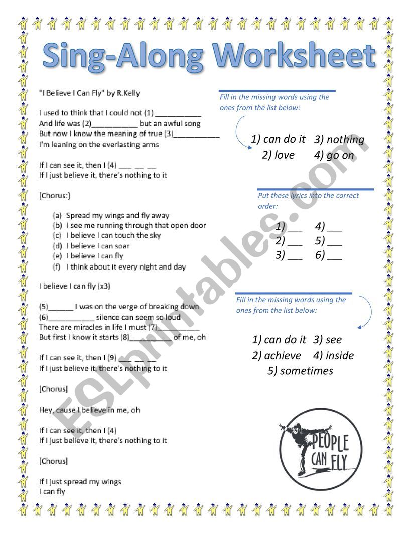 I Believe I Can Fly Sing-Along Worksheet - ESL worksheet by ...