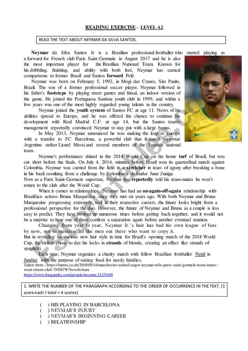 READING EXERCISE- NEYMAR´S BIOGRAPHY - ESL worksheet by Teacher Menna