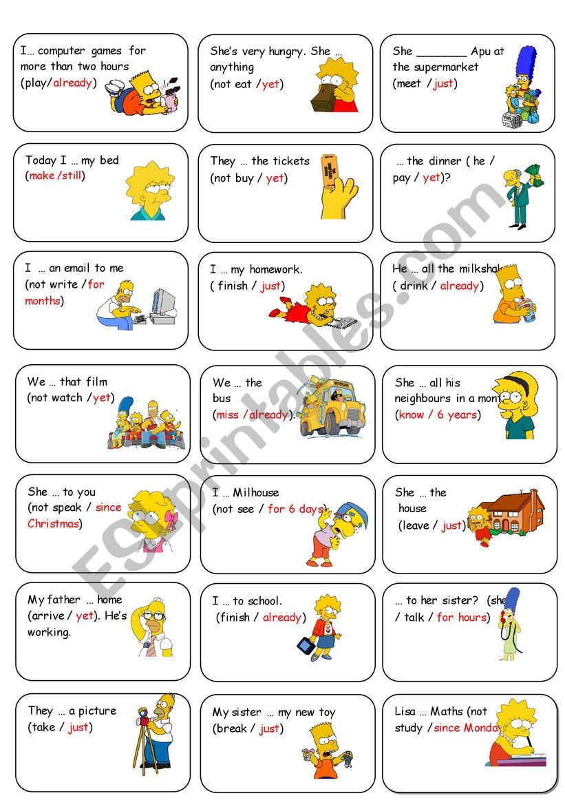 Present Perfect Game Worksheet Present Perfect Game Worksheet
