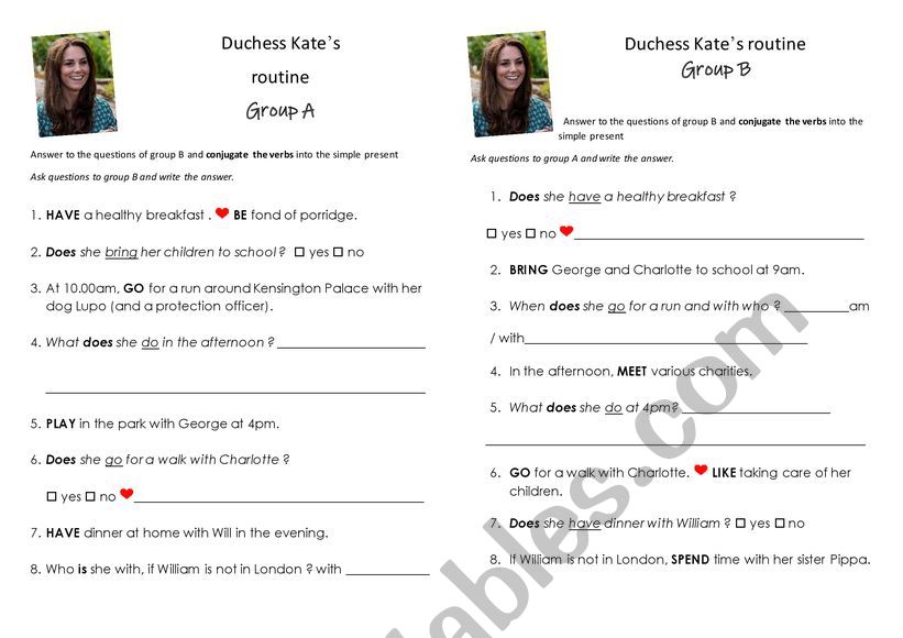 Duchess Kate ´s routine - ESL worksheet by clumsydodie