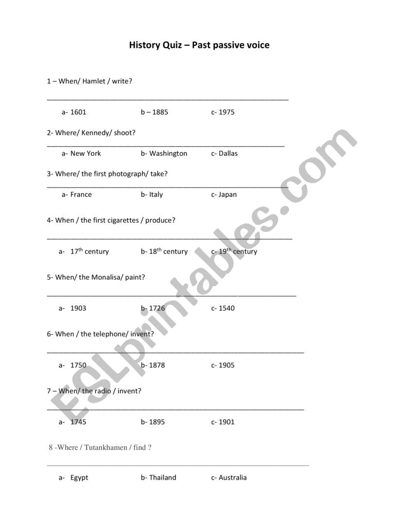 Past passive voice - Quiz - ESL worksheet by ninafavali