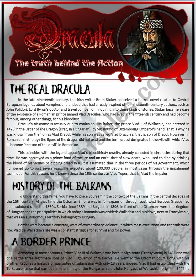 ´THE REAL DRACULA´ READING & COMPREHENSION - ESL worksheet by Aisha77