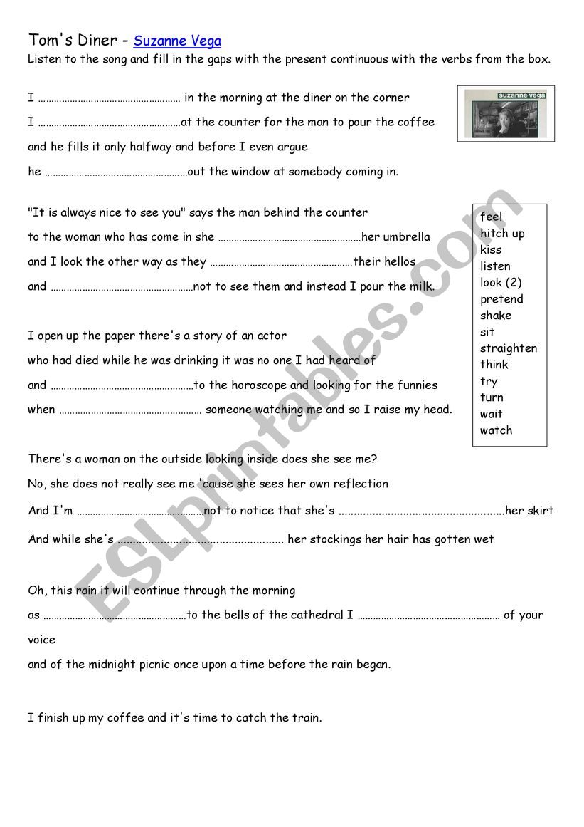 Tom´s Diner - song to practise the present continous - ESL worksheet by ...