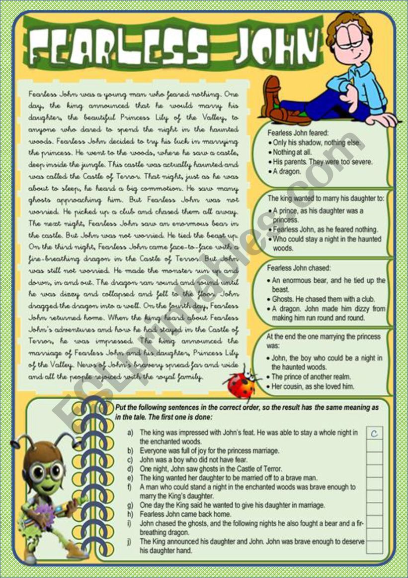 ´FEARLESS JOHN´ READING & COMPREHENSION (B&W INCLUDED) - ESL worksheet ...