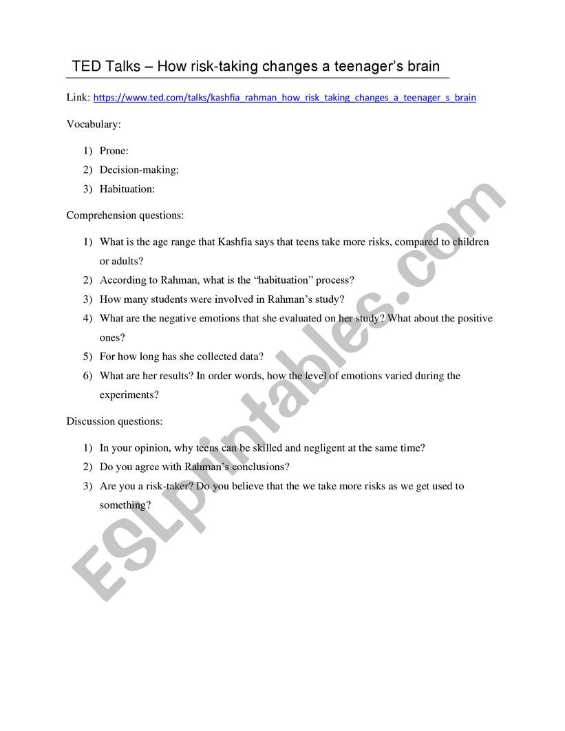 TED Talks - How risk-taking changes a teenager´s brain - ESL worksheet ...