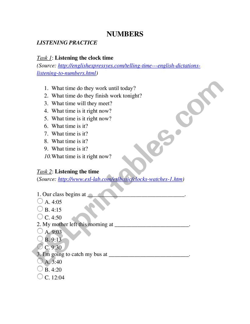 LISTENING NUMBER AND TIME - ESL worksheet by Kieu Han