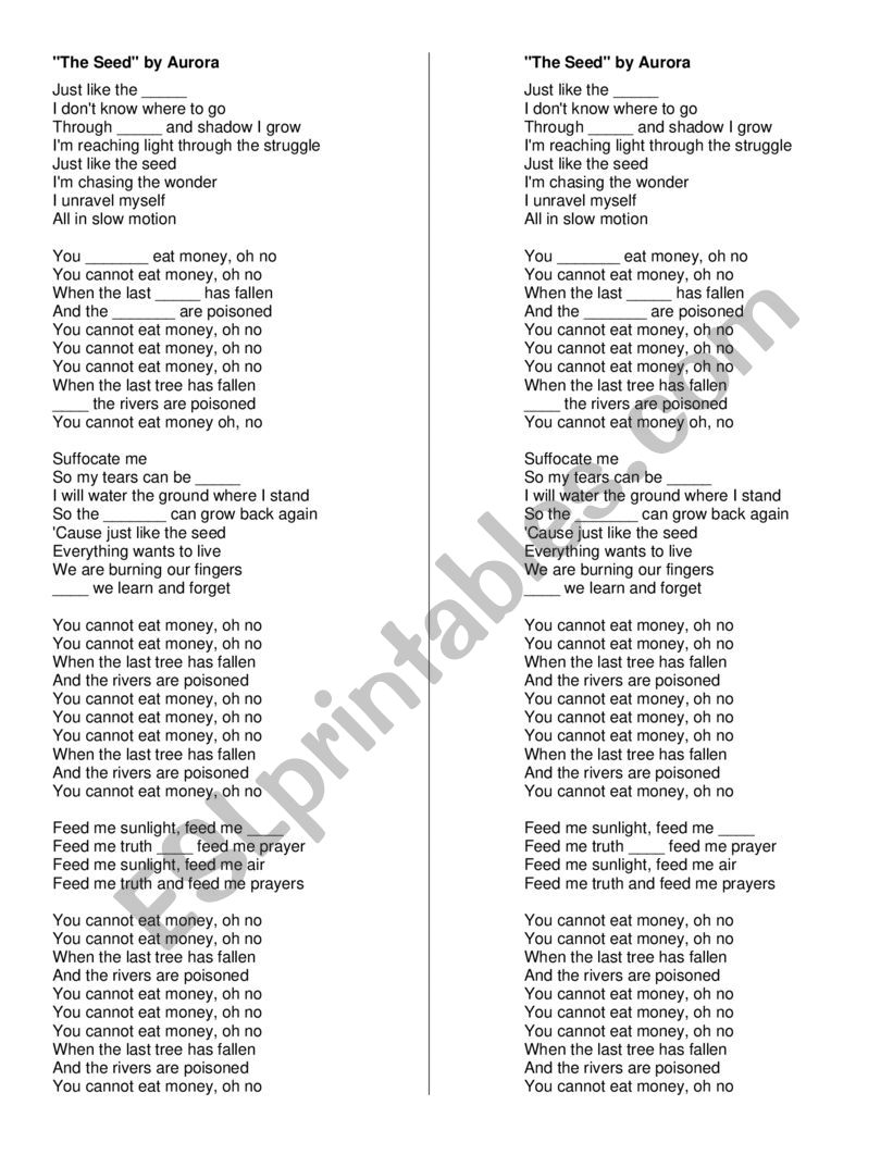 The Seed - Aurora Listening Worksheet - ESL worksheet by KevinNM