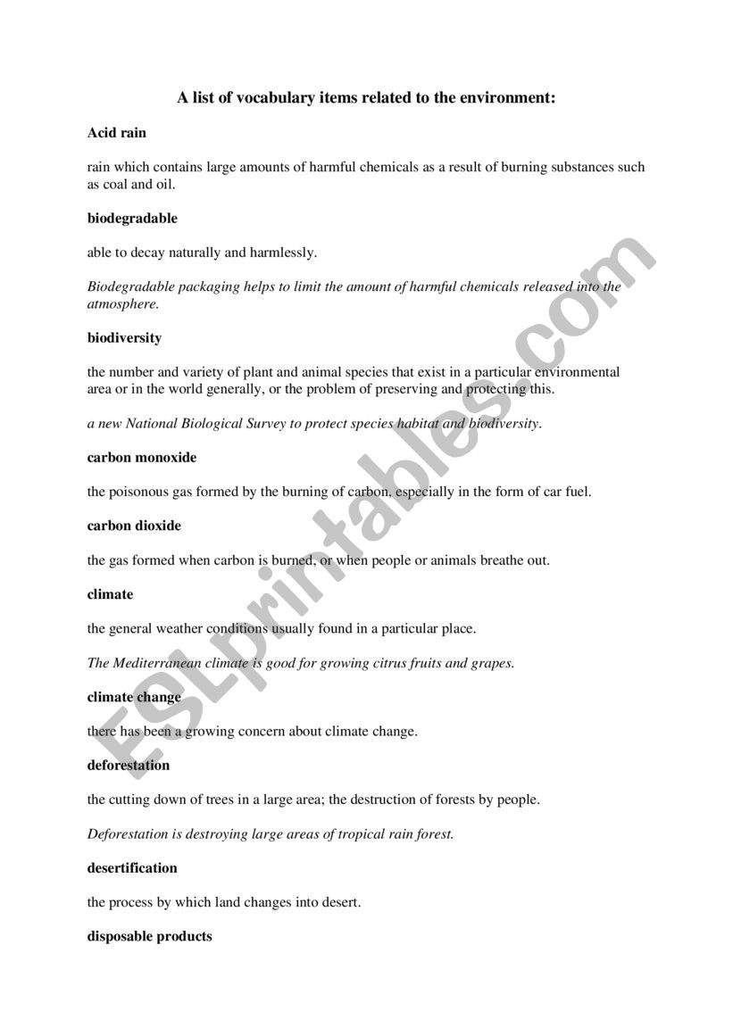 A list of vocabulary items related to the environment - ESL worksheet ...
